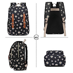 Kouxunt Daisy Laptop Backpack for Women Girls, 15.6 inch College School Backpacks Travel Casual Daypack (Black)