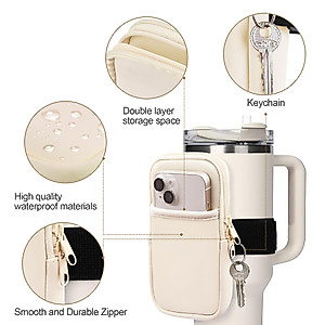 Water Bottle Pouch for Stanley - 40oz Stanley Cup Accessories, Stanley Cup Fanny Pack, Workout Outdoor Tumbler Pocket for Phone, Card, Keys, Compatible with Stanley Quencher Adventure 40oz,30oz(Cream)