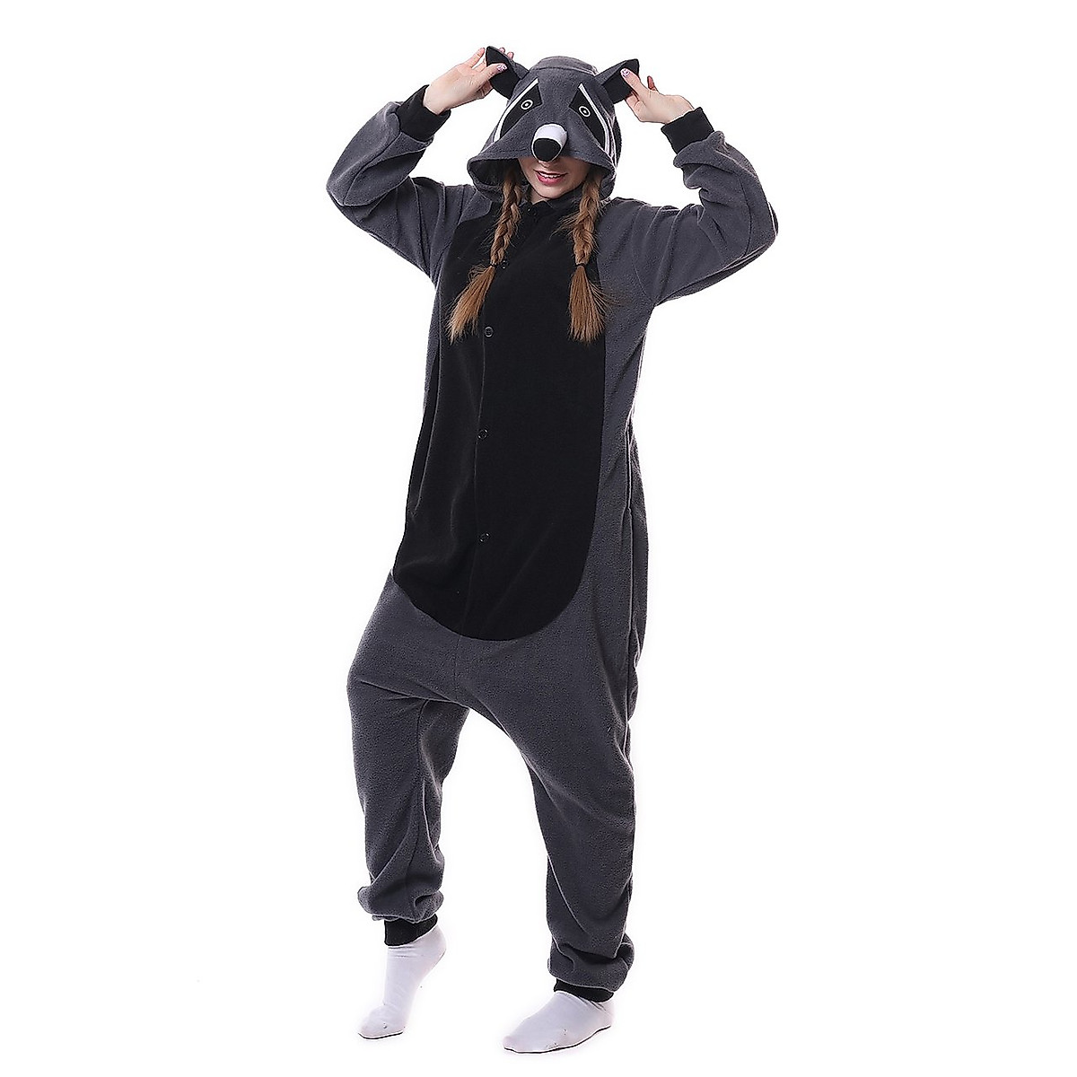 HANZEJINL Adult Animal Onesie, Raccoon Animal Halloween Costume, Unisex Jumpsuit One Piece Pajamas for Women and Men (RaccoonOnesie, S)