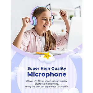 iClever BTH12 Kids Bluetooth Headphones,Colorful LED Lights Wireless Kids Headphones,74/85/94dB Volume Limited,55H Playtime,Bluetooth 5.2,Over Ear Headphones with Mic for iPad/Tablet/Traveling,Purple