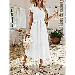 MEROKEETY Women's Summer Dresses for Women 2022 Swiss Dot Crew Neck Smocked Midi Dress,White,S