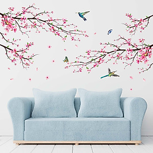 Amimagen Pink Watercolor Cherry Blossom Wall Stickers - Tree Branch Flower Birds Wall Decals - Bedroom Living Room Sofa TV Background Home Wall Decor