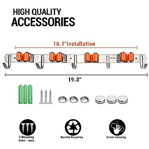 Broom Mop Holder Wall Mount Garage Storage Stainless Steel Heavy Duty Tools Hanger with 4 Racks 5 Hooks