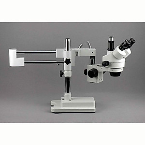 AmScope SM-4TPY Professional Trinocular Stereo Zoom Microscope with Simultaneous Focus Control, WH10x Eyepieces, 7X-90X Magnification, 0.7X-4.5X Zoom Objective, Ambient Lighting, Double-Arm Boom Stand, Includes 2.0X Barlow Lens