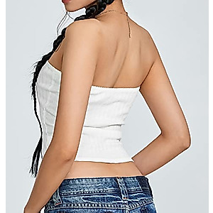 Women Lace Trim Strapless Tube Top Y2k Off Shoulder Backless Bandeau Top Knitted Aesthetic Crop Tank Top (B White,Small)