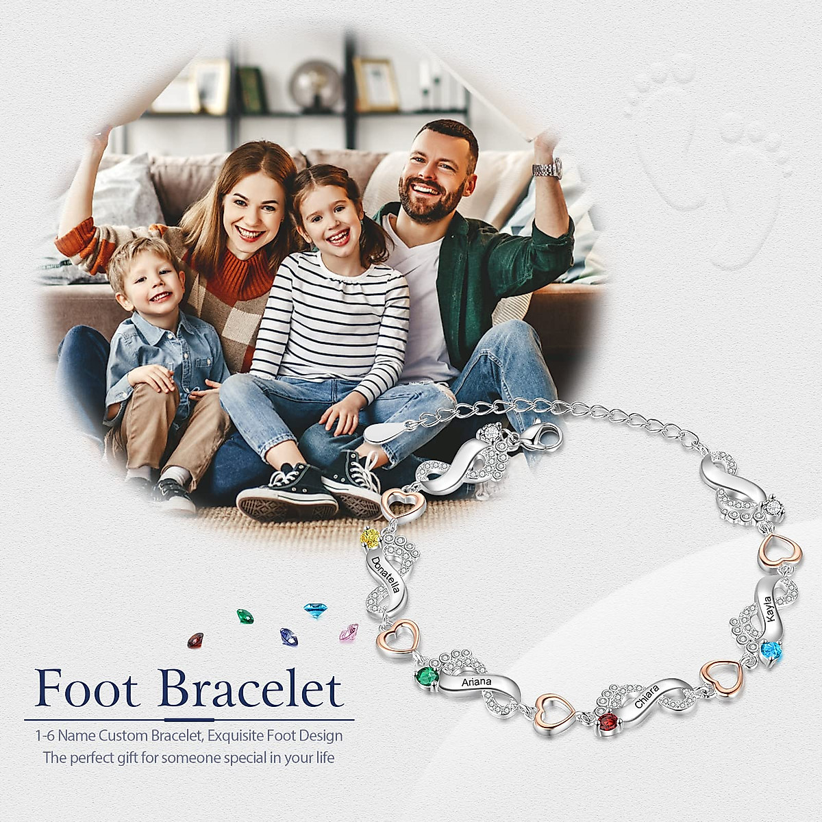 JewelOra Personalized Infinity Mother Bracelet with Simulated Birthstone Custom Name Baby Feet Link Bracelet for Women Heart Bracelet Adjustable Chain Charm Birthday Mother's Day Gift(4 name)