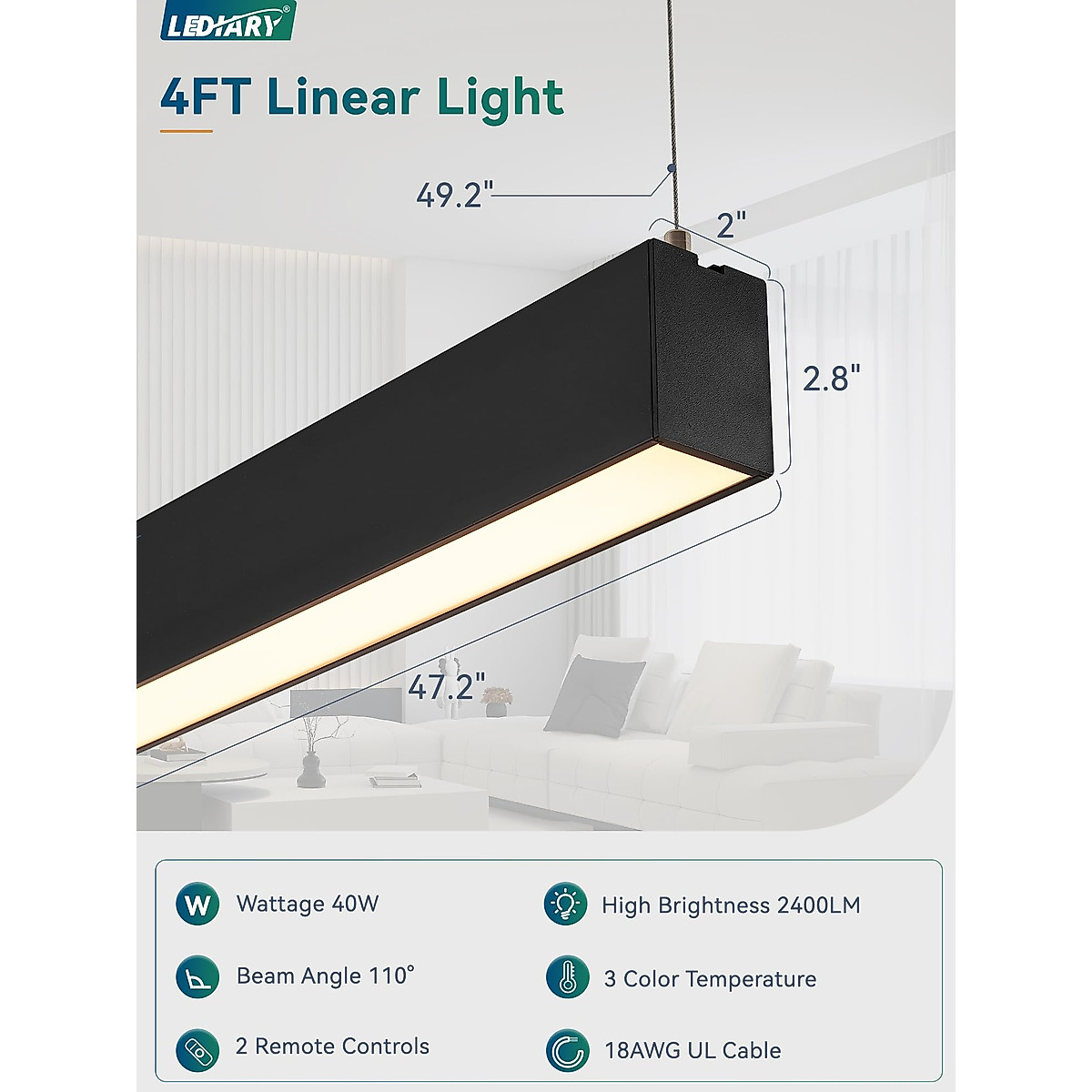 LEDIARY 3CCT LED Linear Light with Remote Control, 4FT LED Shop Light, Dimmable 40W 2400LM Hanging Light for Garage Office Workshop, Pack of 4