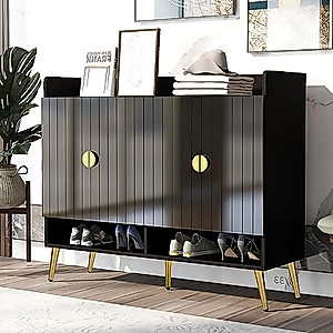 Bellemave Shoe Cabinet with Doors, 11-Tier Shoe Storage Cabinet with Adjustable Shelves, Modern Wooden Shoes Shoe Storage Organizer for Entryway, Living Room, Hallway（Black）