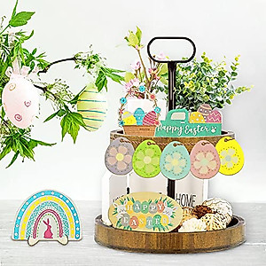 10 Pcs Easter Farmhouse Tiered Tray Decor Wooden Rabbits Tiered Tray Items Bunny Eggs Truck Basket Mini Wooden Trays Signs Spring Tabletop Signs for Home Farmhouse Rustic Kitchen Decorations