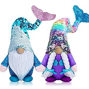 ALLYORS Sequin Summer Gnome Couple Mermaid Gnomes Beach Gnome Summer Tomte Plush Birthday Gifts Gnomes Scandinavian Decoration Shelf and Tiered Tray Decoration for Summer