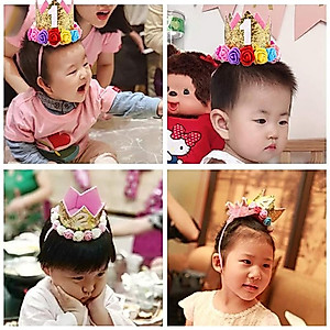 ipalmay Baby Princess Glitter Pink Crown, 3st Birthday Party Hat Pink with Mix Rainbow Color Flowers