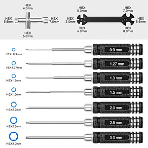RC Hex Screwdriver Tool Set 0.9mm 1.27mm 1.3mm 1.5mm 2.0mm 2.5mm 3.0mm Hex Allen Screwdriver Kit with Hex Nut Driver & RC Car Wrench Tool Kit for Multi-Axis FPV Racing Drone RC Quadcopter Helicopter