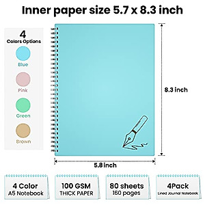 SOILHQ 4 Pack Spiral Notebook - A5 Lined Journal Notebook 7mm College Ruled Paper 5.7 x 8.3 inches Notebooks for School 80 Sheets/160 Pages,Journals for Work,Study and Notes