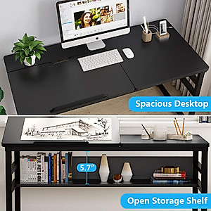 Tribesigns Modern Drafting Desk Drawing Table with Storage Shelf, 55 inch Large Computer Desk Writing Desk Craft Workstation with Tiltable Tabletop for Artist, Home Office (Black)