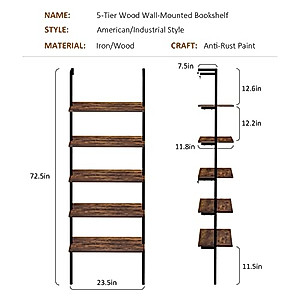 HITIK 5 Tier Wall Mounted Bookshelf, 72 Inches Tall Ladder Shelf with Metal Frame and Wood Board, Modern Industrial Bookshelf for Bedroom, Office, Living Room, Hallway