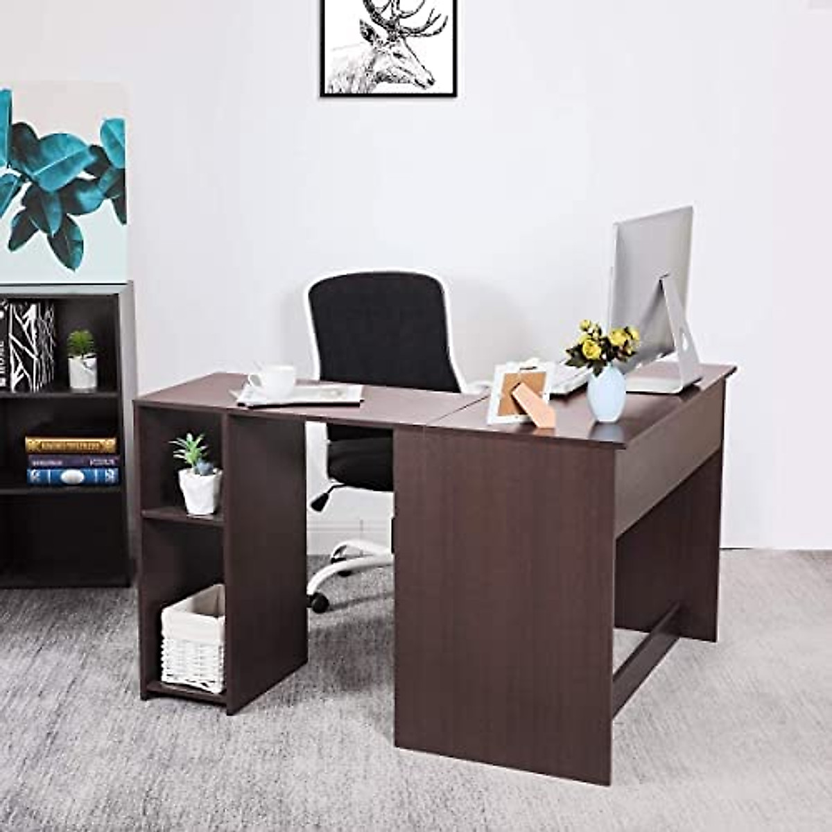 FurnitureR Computer Desk with Bookshelf Industrial Style Study Table Computer Gaming Desk with Storage, Wooden L-Shaped Corner Desk Save Space for Home Office, Brown