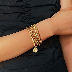 Gold Initial S Bracelets Stackable Bead Bracelet Set Layered 14k Gold Plated Stretch Letter Initial Bracelets Gold Chain Bangles Paperclip Link Charms Bracelet