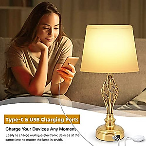 Wiomonrew Touch Table Bedside Lamps Set of 2, 3-Way Dimmable Nightstand Lamps with USB Type-C Ports, 22.64 inch Tall Bedside Nightstand Lamp Traditional Desk Lamp (Gold)