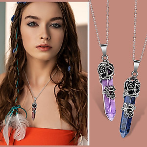 12 Pcs Healing Crystal Necklace Hexagonal Healing Crystal Flower Wrapped Crystal Point Pendant Necklace Healing Pendents Natural Quartz Point Necklace with Chain for Women (Bronze Flower Silver Chain)