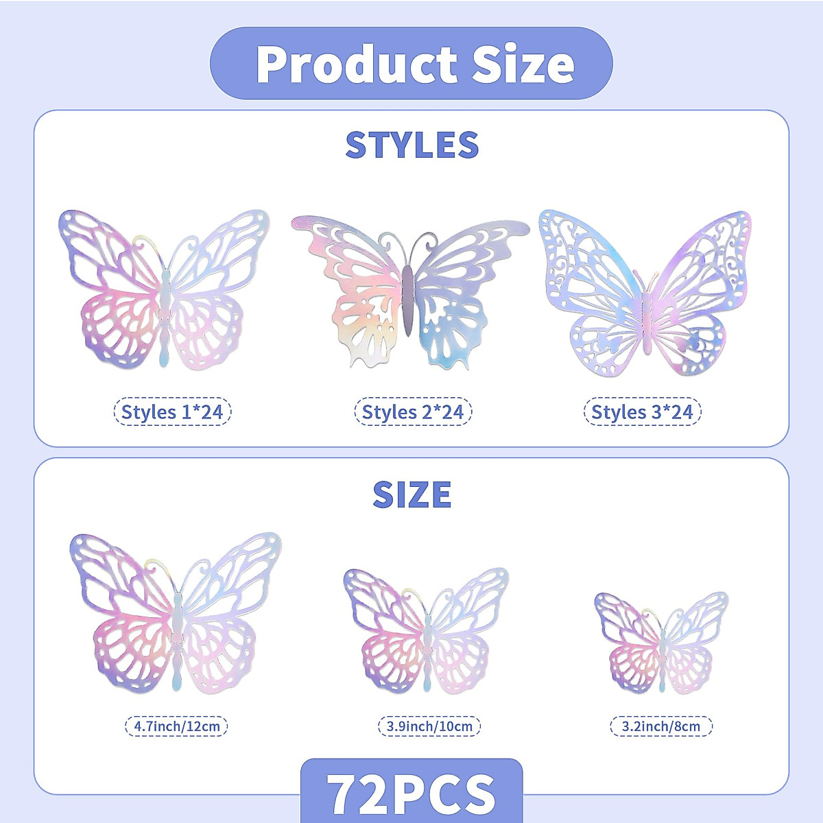 72PCS 3D Laser Silver Butterfly Wall Decor, 3 Styles 3 Sizes, Metallic Butterfly Wall Stickers Room Mural, Removable Butterfly Decorations for Room, Party, Birthday, Wedding, Cakes, DIY Gift