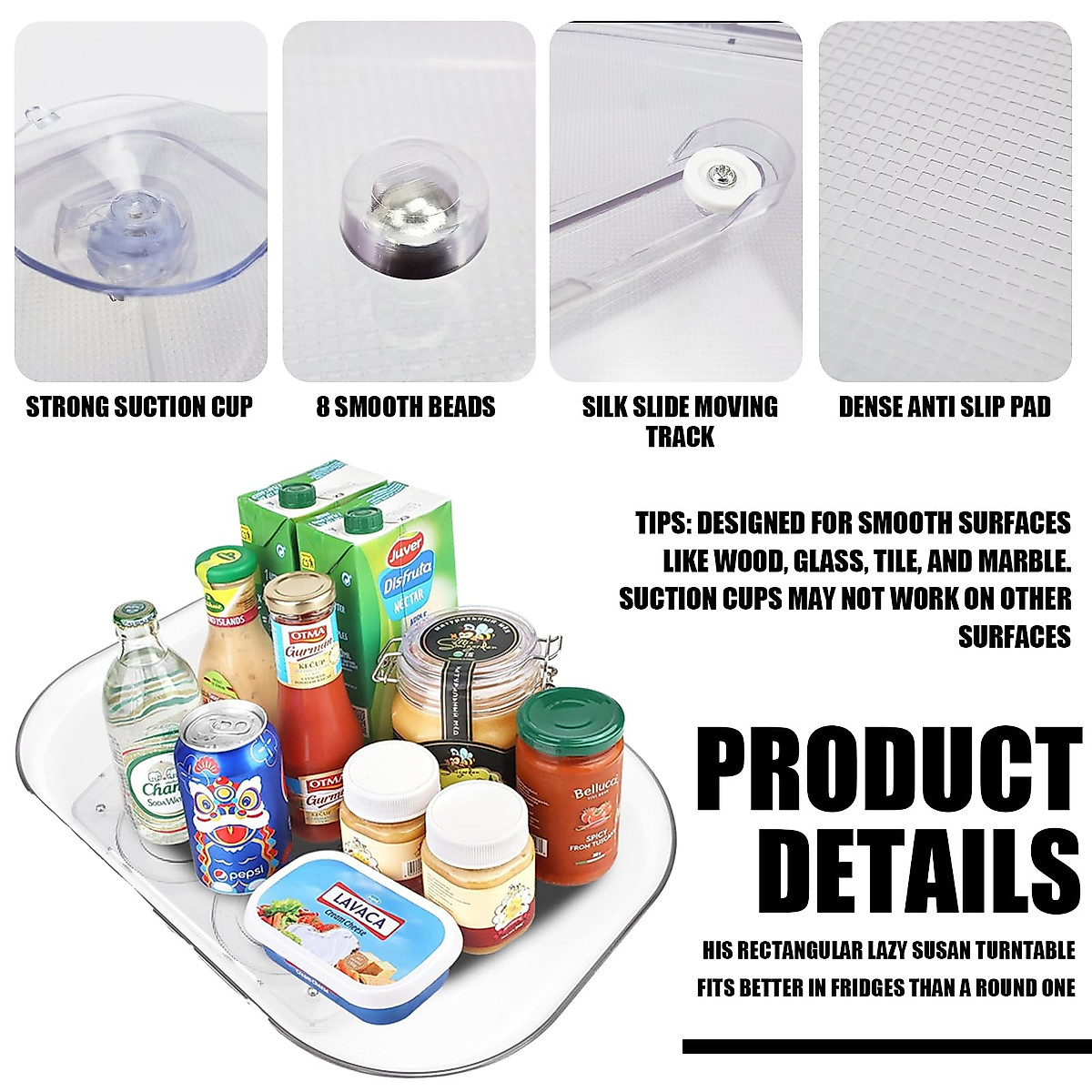 Square Lazy Susan for Refrigerator, 15.8''x 11.8'' 360° Rotate Clear Rectangular Turntable Organizer for Countertop Fridge Organizers and Storage for Kitchen,Home,Office