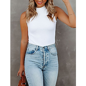 Areecin Women's Mock Neck Tank Tops Summer Sleeveless Pullover Tops Slim Fit Ribbed Shirts Casual Basic Blouses White L