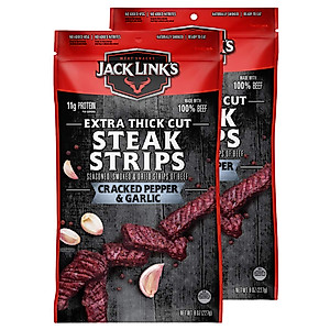 Jack Link's Steak Strips, Beef Jerky, Cracked Pepper & Garlic, Snack Bags, Thick Cut Protein Snacks, Ready To Eat - 11g of Protein, 80 Calories per Serving, Made with Premium Beef, 8 Oz (Pack Of 2)
