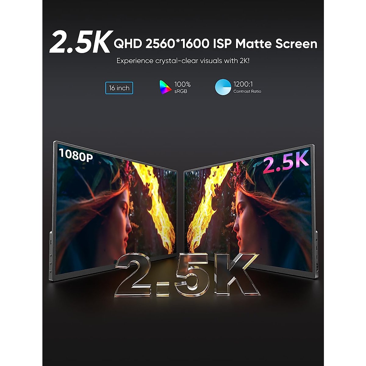2.5K Portable Monitor for Laptop16 Inch 2560 * 1600 100% sRGB Comupter Gaming Display with HDR USB C HDMI, Ideal for Travel, Second, Extend Screen