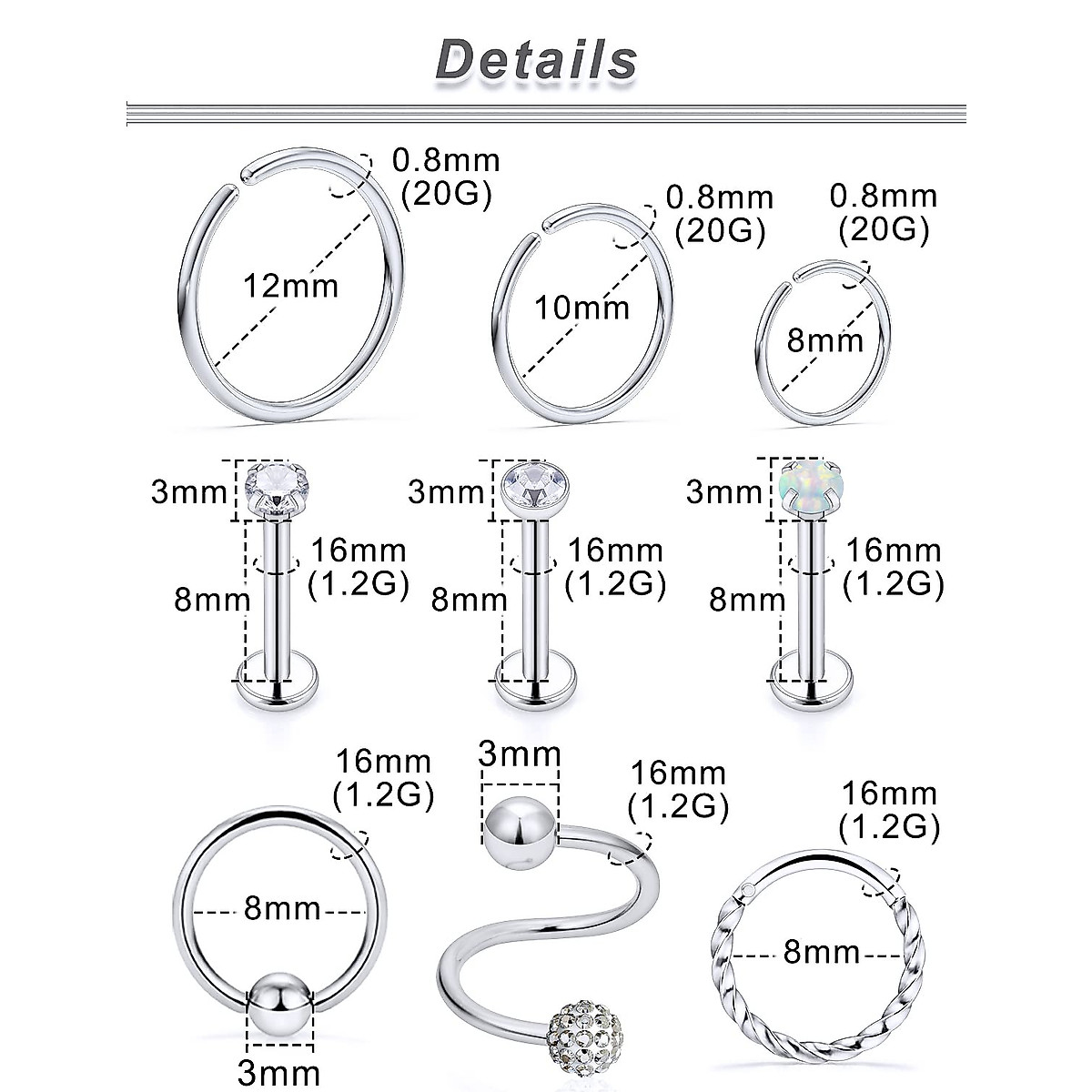 Ocptiy 16G Cartilage Tragus Helix Rook Daith Conch Earrings Studs Hoop Piercing Jewelry 16 Gauge Stainless Surgical Steel Silver Labret Monroe Medusa Lip Rings Stud Piercing Jewelry diamond Women Men