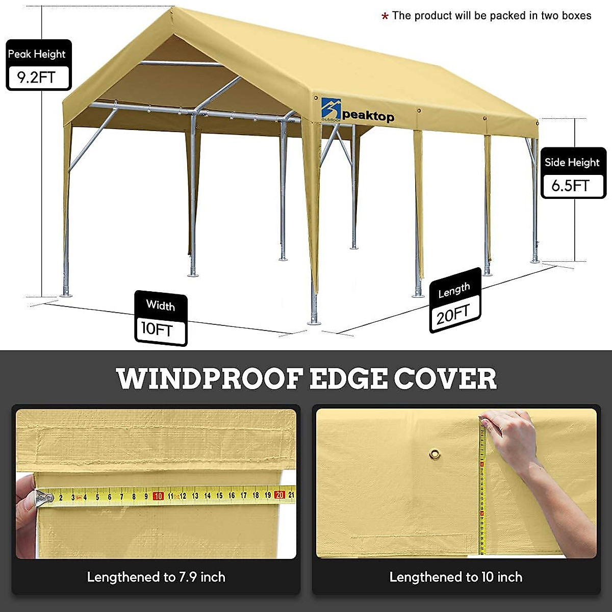 PEAKTOP OUTDOOR 10x20 ft Heavy Duty Carport, Portable Car Canopy, Garage Tent, Boat Shelter with Reinforced Triangular Beams and Ground Bar, Removable Sidewall & Zipper Doors, Beige
