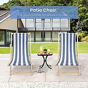 Recaceik Outdoor Patio Sling Chair Portable Folding Lounge Reclining with Stripes Adjustable Lawn Seat for Garden, Swimming Pool and Beach, Populus Wood