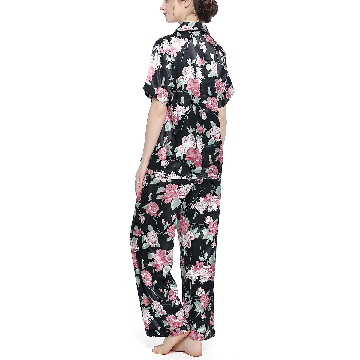 Lavenderi Women's Short Sleeve Classic Satin Pajama Set（Large,Black Floral Print