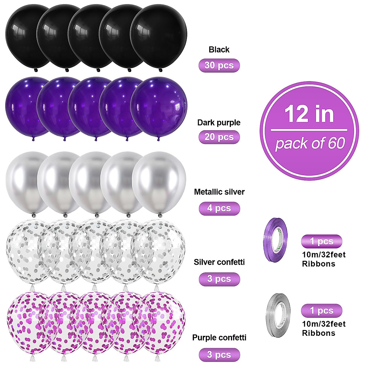 Purple Black Balloons Set, 60 PCS Black Purple Silver Birthday Balloons, Metallic Silver Purple Confetti Balloons Black and Purple Latex Balloons for Birthday Wedding Graduations Party Decorations