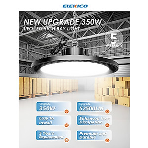 ELEKICO UFO Led High Bay Light, Upgrade Super Bright 350w 52500lm 5000k High Bay Led Shop Lights with Us Plug 5' Cable, Led Shop Lights for Garage Workshop Factory Barn Gym Warehouse 4 Pack