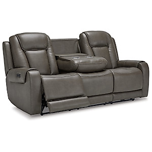 Signature Design by Ashley Card Player Contemporary Faux Leather Tufted Power Reclining Sofa with Adjustable Headrest, Gray
