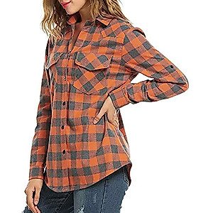 Plaid Shirts for Women Tartan Collared Button Down Boyfriend Casual Flannel Shirt Long Sleeve Shirts(Orange,XXL)