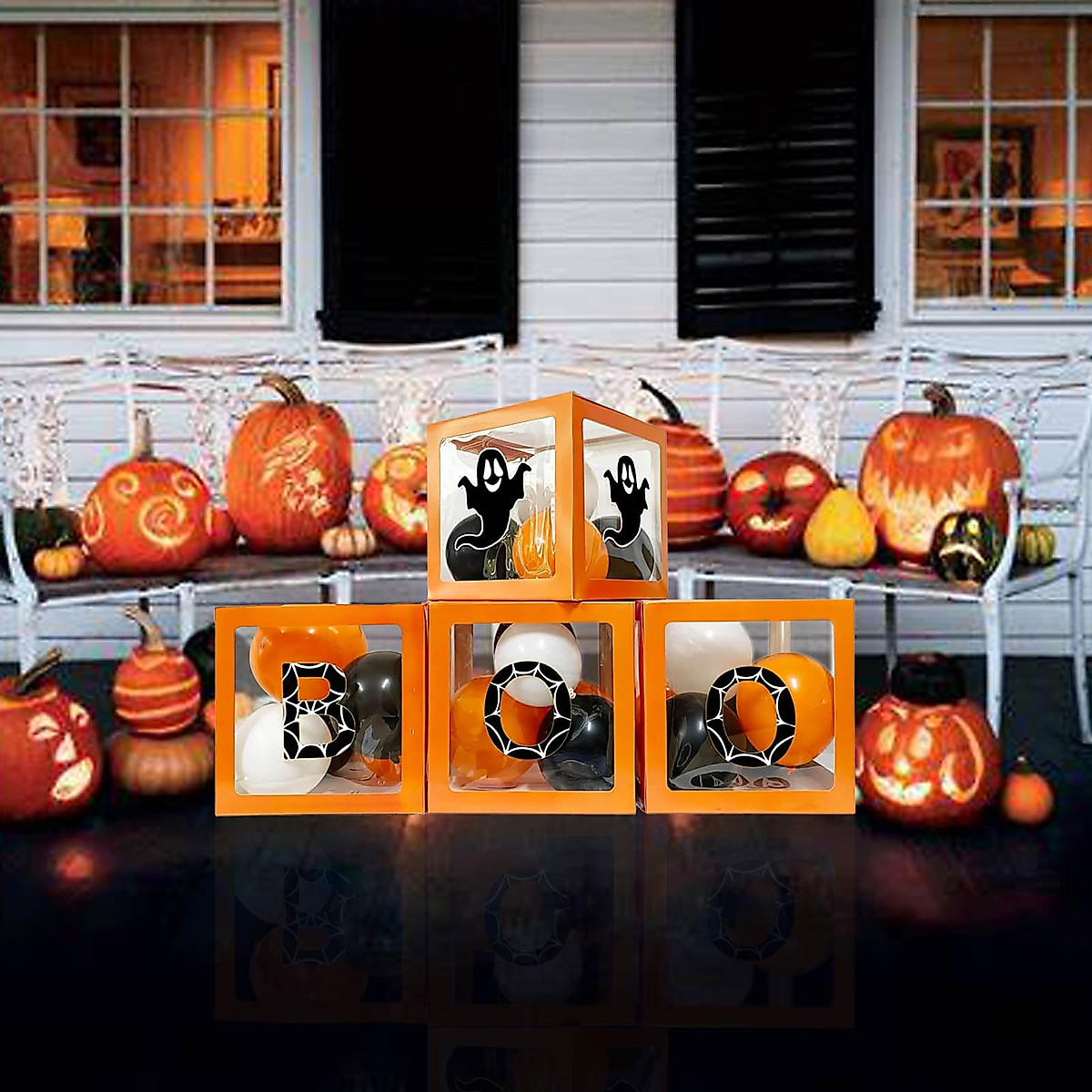 Halloween Balloon Boxes Decorations - Orange Transparent Box for Halloween Baby Shower, Birthday Party Decorations - Includes 4 Box Blocks, Black Ghost Boo Letter Stickers, 20 Latex Balloons