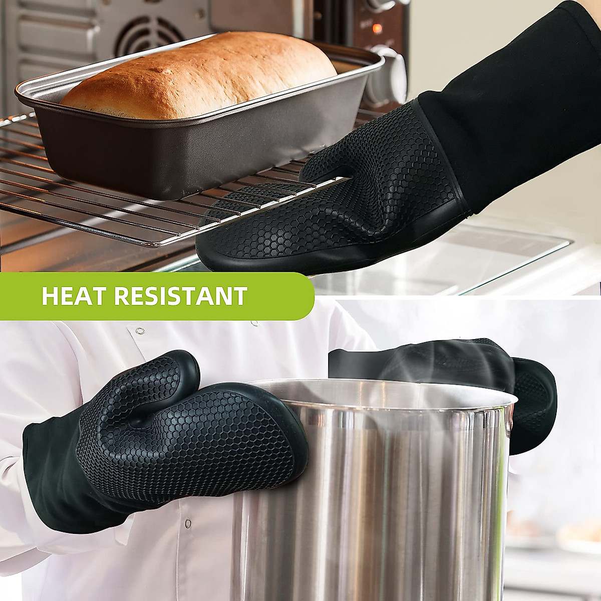 Oven Mitts and Pot Holders Sets Heat Resistant up to 500°F, Kitchen Mittens with Quilted Cotton Lining, Heavy Duty Silicon Oven Mittens Anti-Slip, Set of 3, 13 inches, Black Oven Mits
