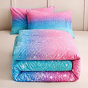 Holawakaka Kids Space Star Glitter Comforter Set Ombre Pink & Blue Print Gradient Bedding Set Twin Size (Pink Blue, Twin)