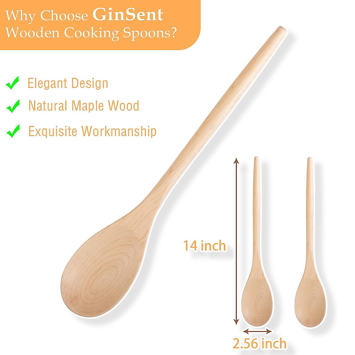 Wooden Spoon for Cooking, 14 Inch Maple Wood Cooking Spoons for Nonstick Cookware, Durable Wooden Salad Mixing Spoon, Soup Stirring, Kitchen Serving Utensils with Long Comfortable Handle Smooth Finish