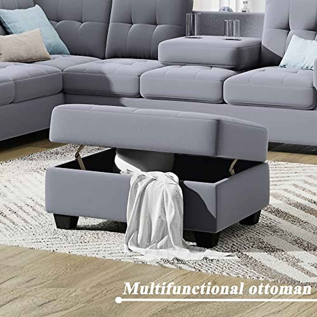 Evedy Modern Sectional Sofa,L-Shaped Couch with Two Cup Holders&Storage Ottoman,3-Seaters Sofa with Extra Wide Reversible Chaise,Upholstered Sofas for Living Room Large Space Dorm Apartment