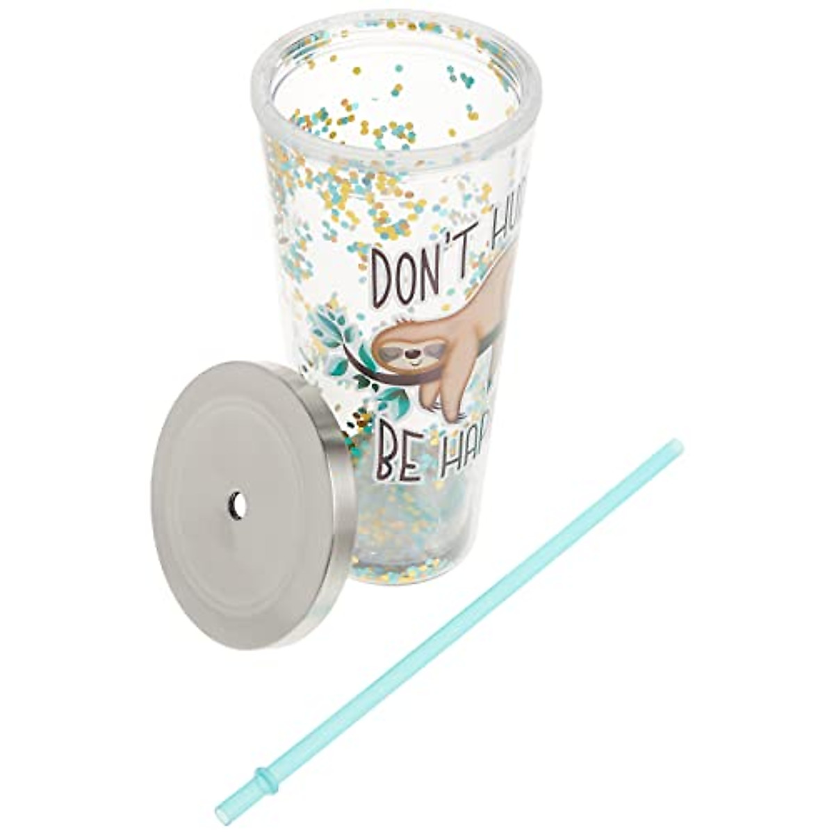 Spoontiques - Glitter Filled Acrylic Tumbler - Glitter Cup with Straw - 20 oz - Stainless Steel Locking Lid with Straw - Double Wall Insulated - BPA Free - Sloth