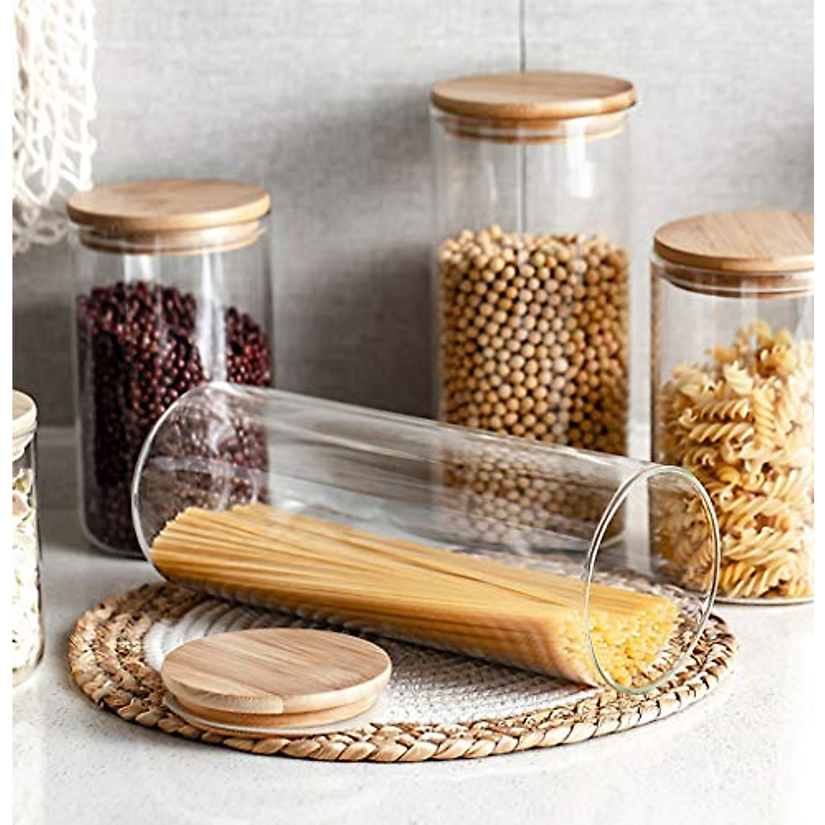 Lawei 3 pack Glass Storage Jars with Sealed Bamboo Lids - 51 oz Clear Glass Bulk Food Storage Canister for Serving Tea, Coffee, Spice, Candy, Cookie