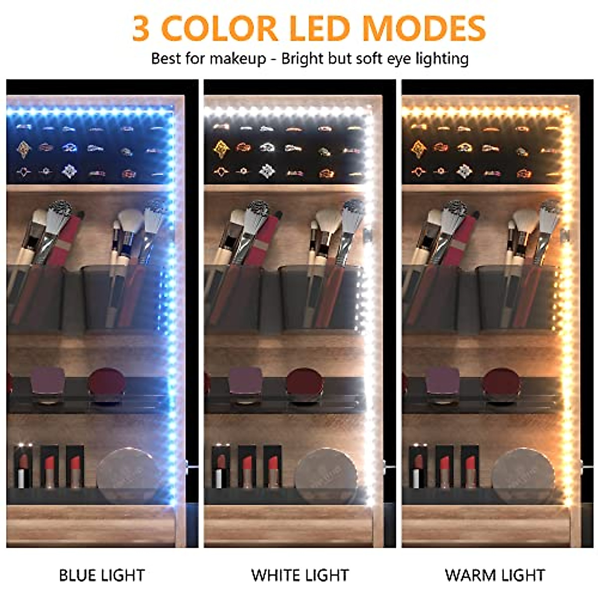 LVSOMT 3 LEDs Full Length Mirror Jewelry Cabinet, Standing Mirror with Jewelry Storage, Large Lockable Armoire for Necklaces, Earrings, Cosmetic Storage, Brown