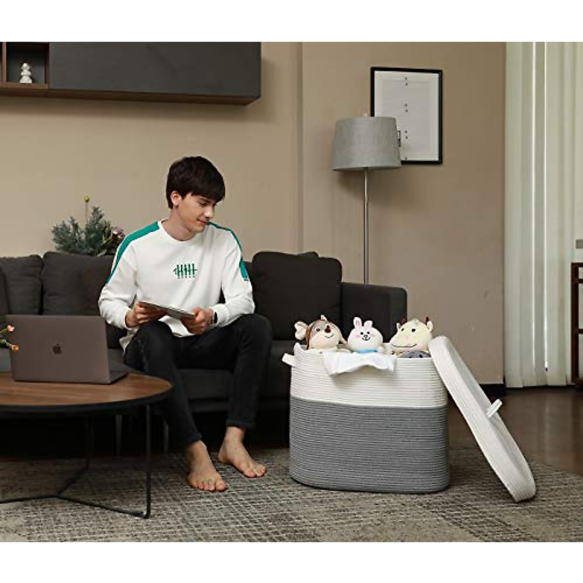 22”x14”x18” Rectangular Extra Large Storage Basket with Lid, Cotton Rope Storage Baskets, Laundry Hamper, Toy Bin, for Toys Blankets Storage in Living Room, Baby Nursery, Grey Basket with Lid