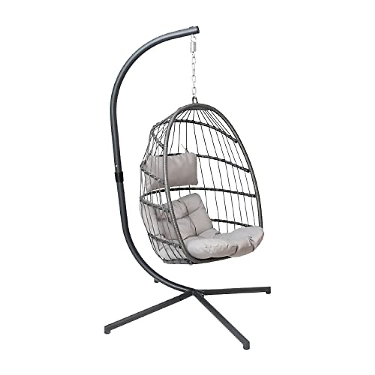 Flash Furniture SDA-AD608001-GY-GG Cleo Patio Hanging Egg Chair, Wicker Hammock with Soft Seat Cushions & Swing Stand, Indoor/Outdoor Cushions, Gray