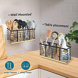 Suli Extra Large Kitchen Utensil Holder with 4 Compartments，Matte Black Metal holder with Wooden Base for Kitchen Countertop，Farmhouse Cooking Utensil Storage, Rustic Cooking Utensil