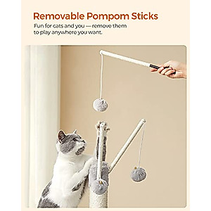 Feandrea Cat Tree, Small Cat Tower for Indoor Cats, Kittens, Multi-Level Plush Cat Condo, 16.5 x 12.6 x 46.5 Inches, Scratching Post, Ramp, 3 Removable Pompom Sticks, Cat Cave, Light Gray UPCT143W01