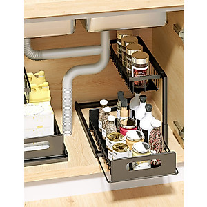 JPSDOWS Under Sink Organizer Storage for Kitchen Cabinet 2 Tier Metal Sliding Pull out Drawer Shelf Basket Organization Rack Multi-purpose for Bathroom Countertop Black