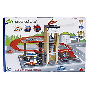 Tender Leaf Toys - Blue Bird Service Station - Classic Wooden Garage and Service Station for Cars and Helicopter with Ramps, Petrol Pumps and Car Wash Center - Imaginary and Roleplay for Children 3+